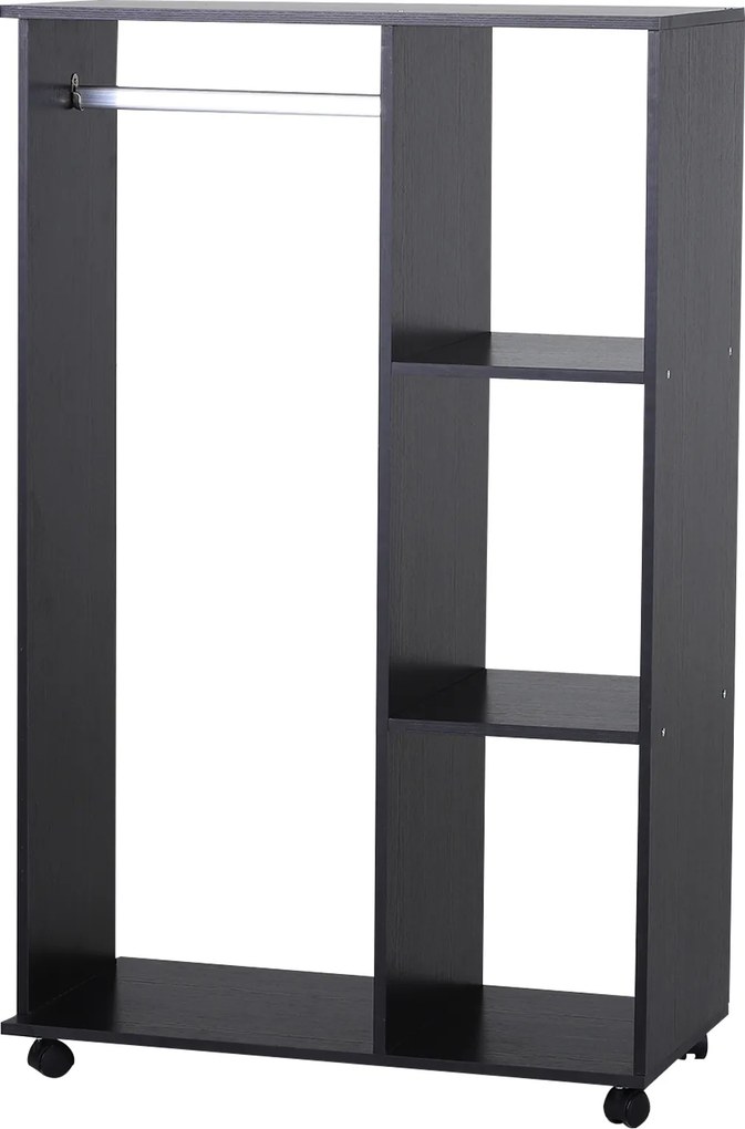 HOMCOM Skříň na kolečkách s otevřeným designem pro oblečení s ramínkovou tyčí a policemi organizátor pro ložnici 80x40x128 cm Černá