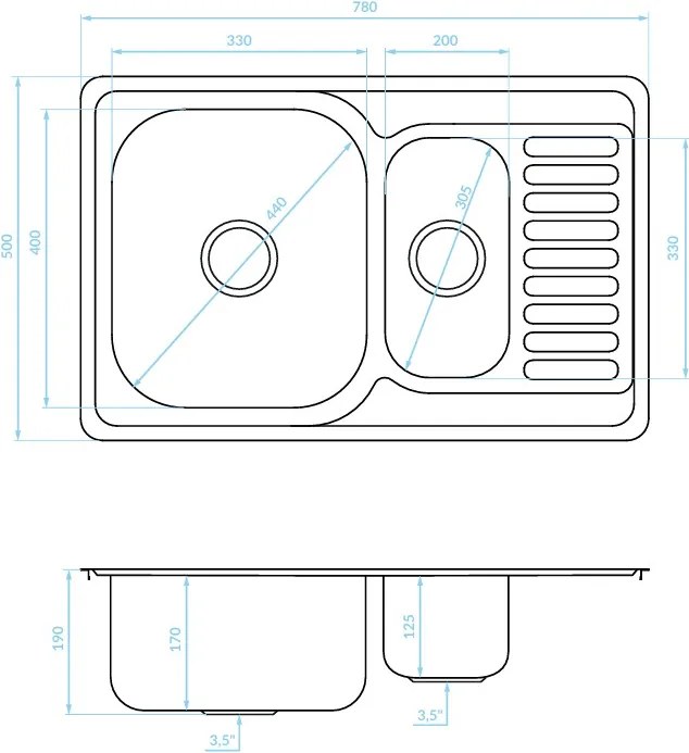 Kuchinox Junak, 1.5-komorový nerezový dřez 780x500x190 mm s odkapávačem, hladký povrch, ocelová, LAV-SQA_033T