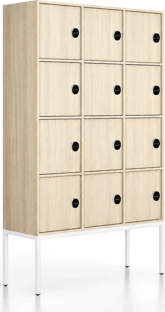 Kancelářská skříň FRAME, bílá podnož, 12x dveře, 1299 x 450 x 2185 mm, RFID zámek, dub přírodní