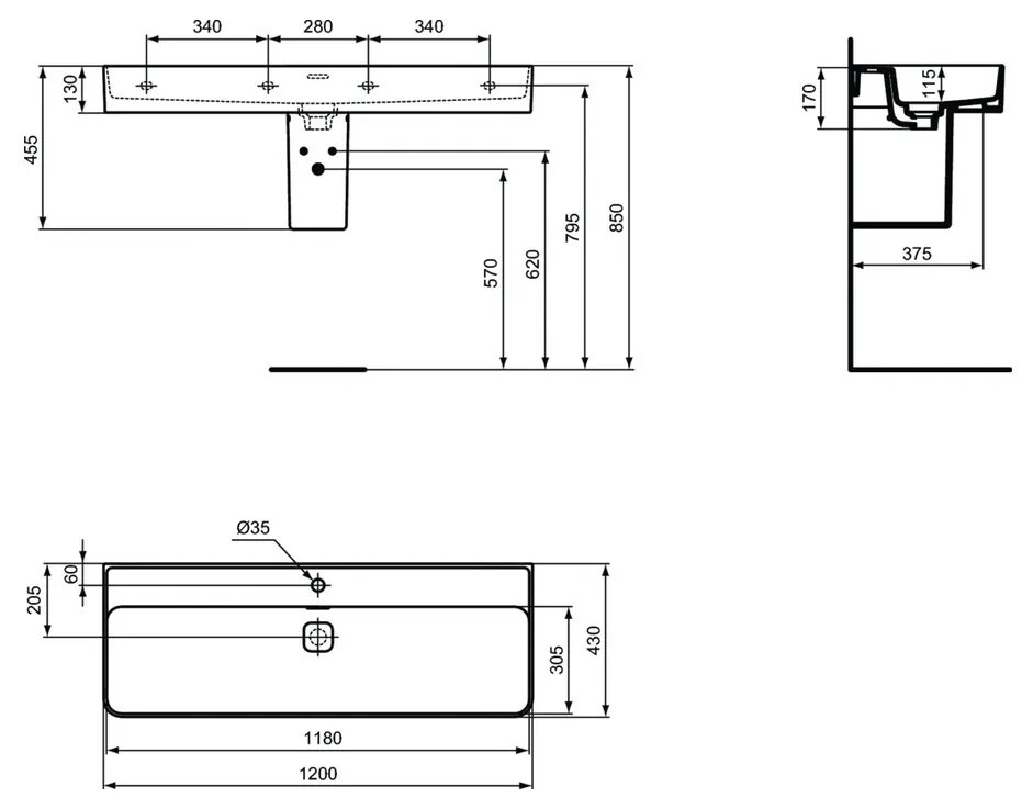 Ideal Standard Strada II - Umyvadlo 1200 mm (broušená spodní hrana), Bílá, T364701