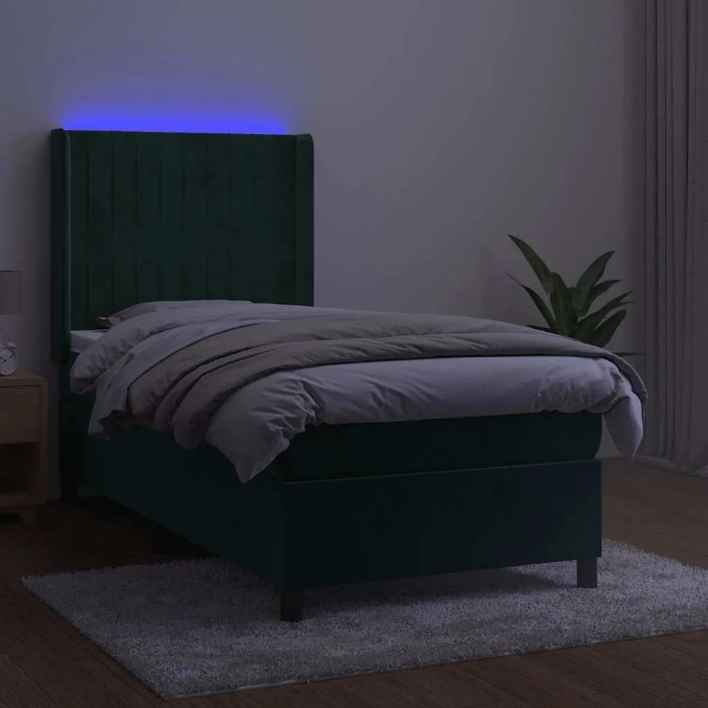 Box spring postel s matrací a LED tmavě zelená 80x200 cm samet 3139652