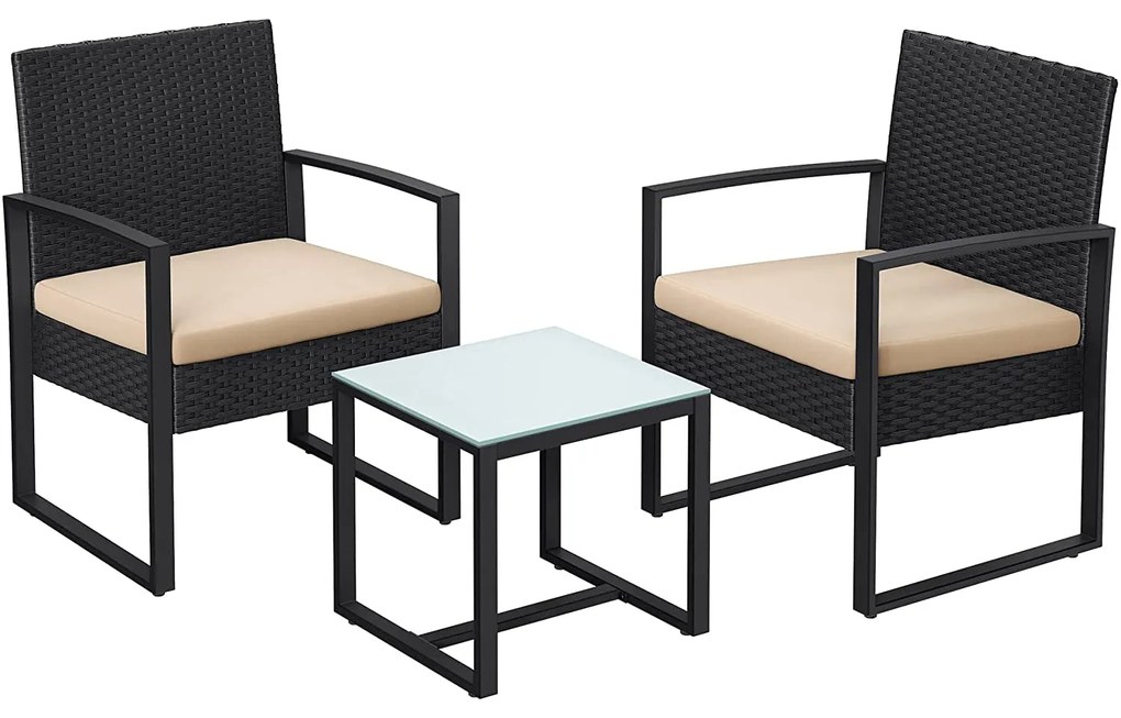 Souprava zahradního nábytku, 1 ks stůl a 2 ks židle, černá, béžová | SONGMICS