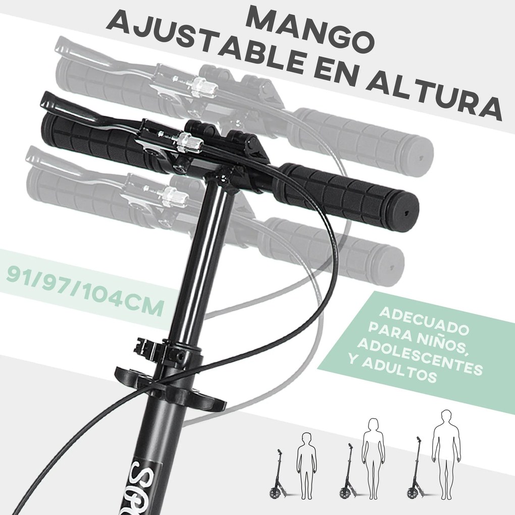 HOMCOM Skládací koloběžka pro dospělé a děti 14+ Lehká koloběžka s nastavitelným řídítkem Velká Ø200 mm kola Tlumič a brzda Hliník Zatížení 100 kg 91…