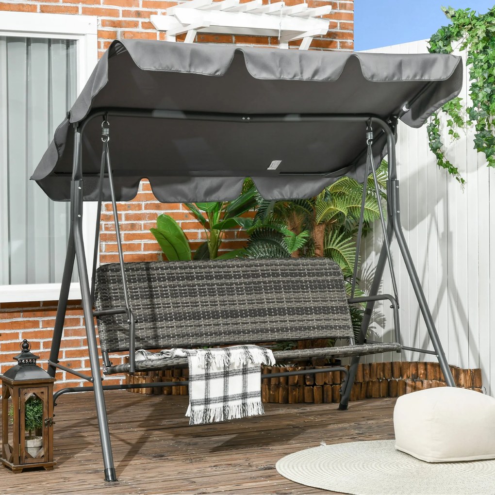 Outsunny zahradní houpačka pro tři osoby s nastavitelnou stříškou, sedadlo z PE ratanu a opěrkami na balkón, terasu, patio, nosnost 240 kg, 167x112x1…