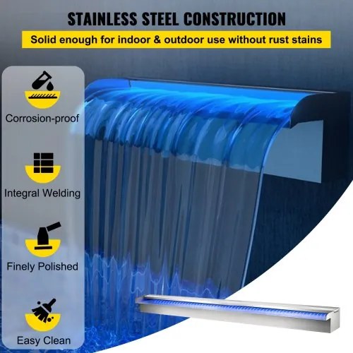 Barevné LED přelivy do bazénu s vodopádem z nerezové oceli 120 × 11,5 × 8 cm