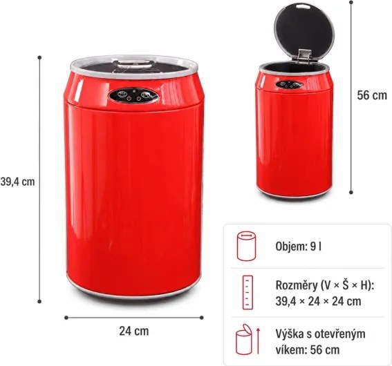 Bezdotykový odpadkový koš 9l nápojová plechovka červená