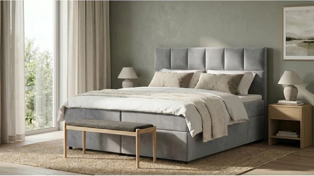 Světle šedá boxspring postel s úložným prostorem 140x200 cm Flip – Ropez