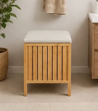 koš na prádlo, objem 52 l, s polstrovaným víkem, bambus/látka, 52x39x39 cm, přírodní/krémová, Dekorino KP20260026