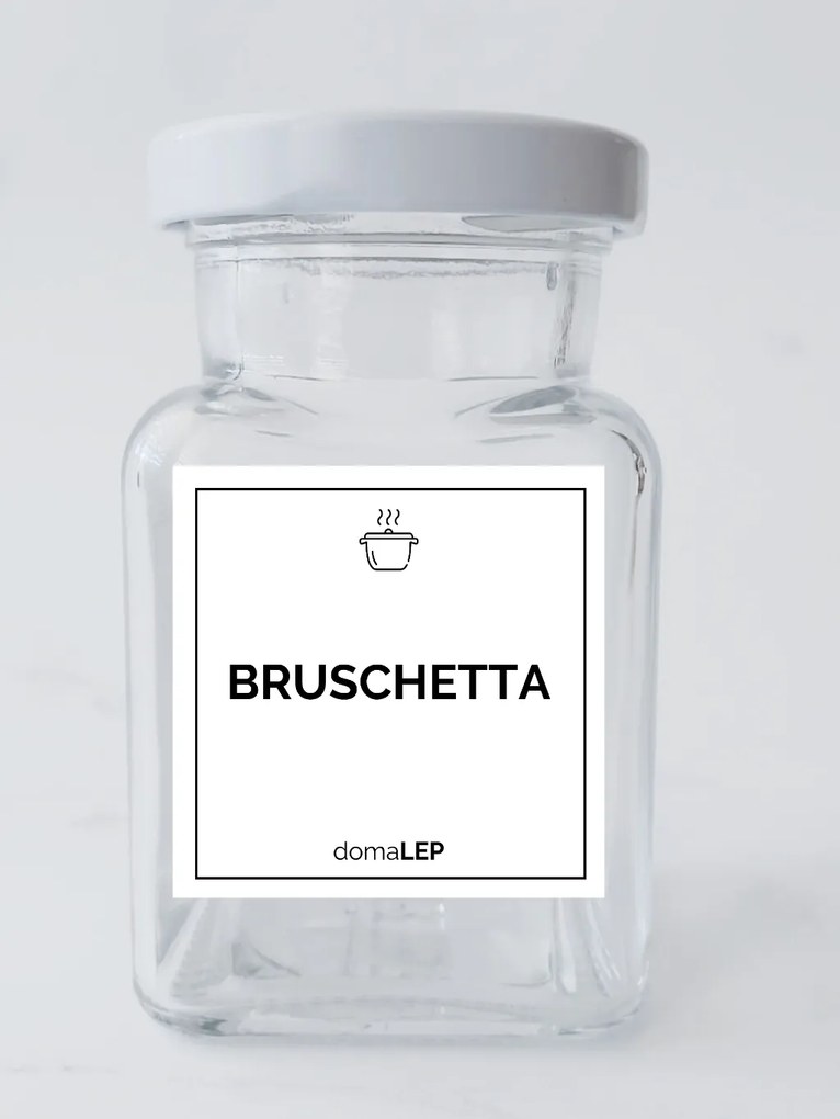 Samolepka na kořenky BRUSCHETTA bílá 5 × 5 cm tučné písmo
