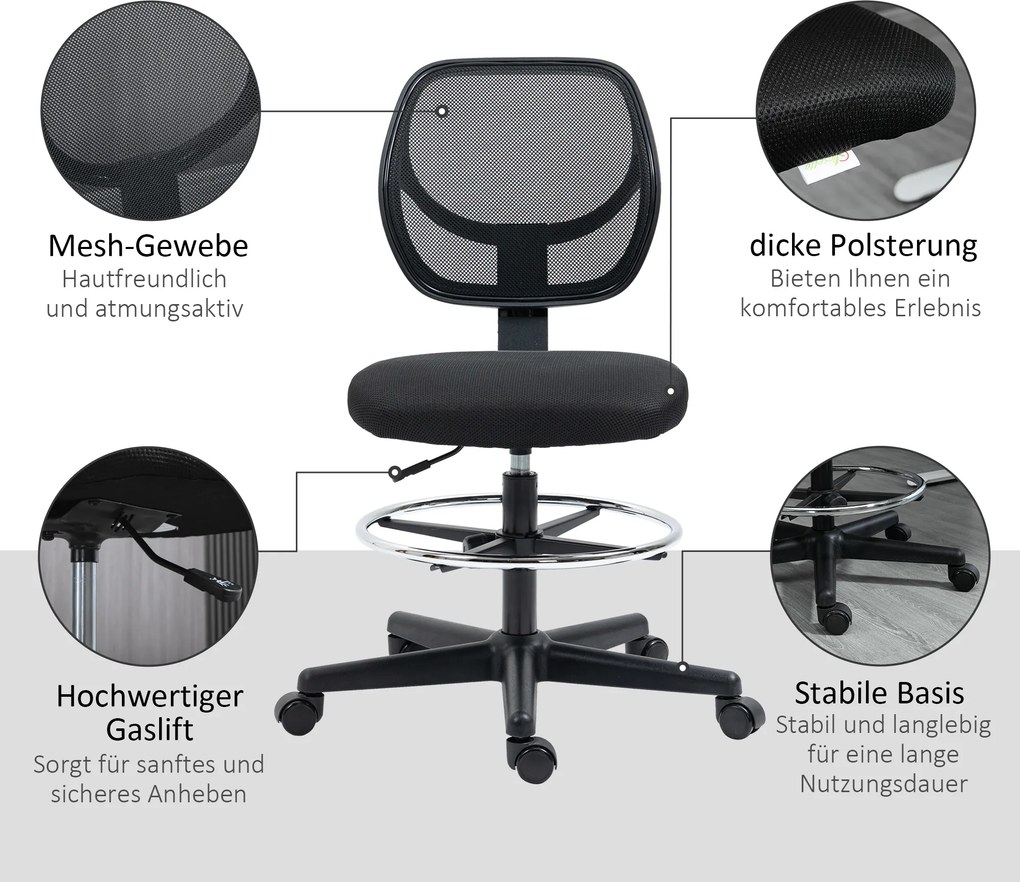 Kancelářská stojací židle Vinsetto, výškově nastavitelná ergonomická kancelářská židle, otočná židle s nastavitelnou opěrkou nohou, černá pro pohodln…