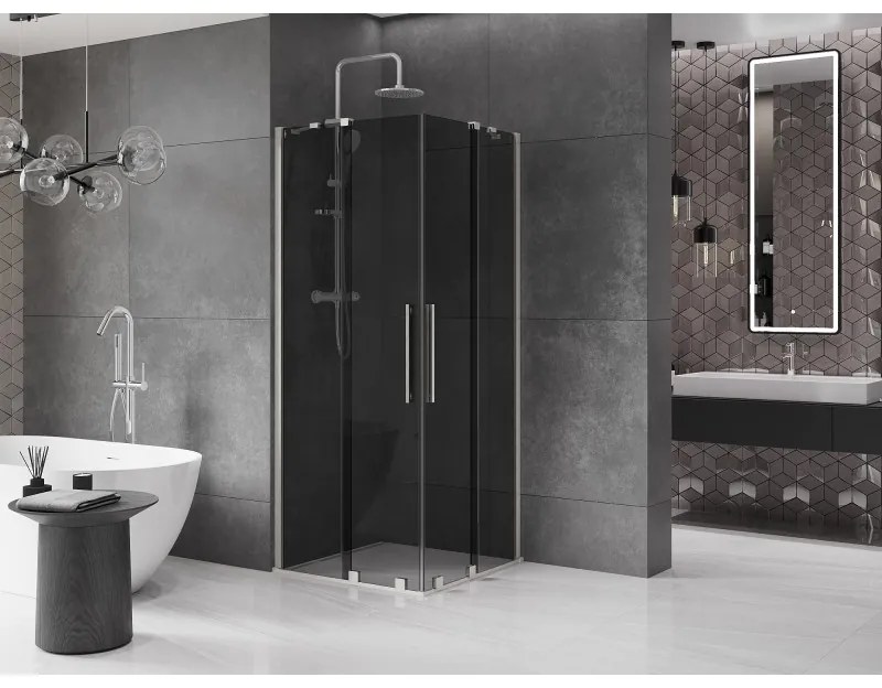 Mexen Velar Duo, sprchový kout s posuvnými dveřmi 100 x 100 cm, 8mm šedé sklo, broušená ocel, 871-100-100-42-97