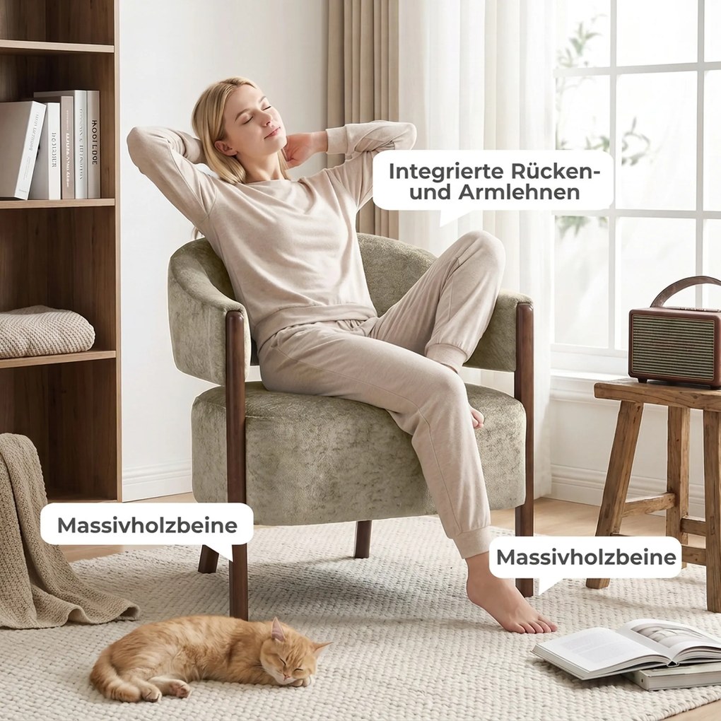 HOMCOM Akcentní křeslo, čalouněné křeslo z chenillu s rámem a nohami z masivního dřeva, světle hnědé