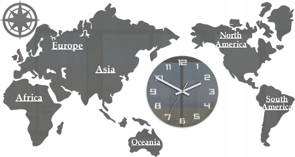 Hodiny Mapa světa 110x55 Velké Moderní Šedé 3D