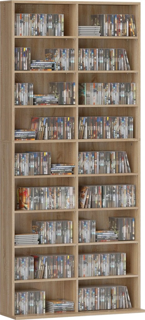 HOMCOM police na CD, DVD a Blu-ray – pojme až 640 CD / 360 DVD / 430 Blu-ray, nastavitelné police, přírodní dekor (78,5 x 24 x 175 cm) | Aosom