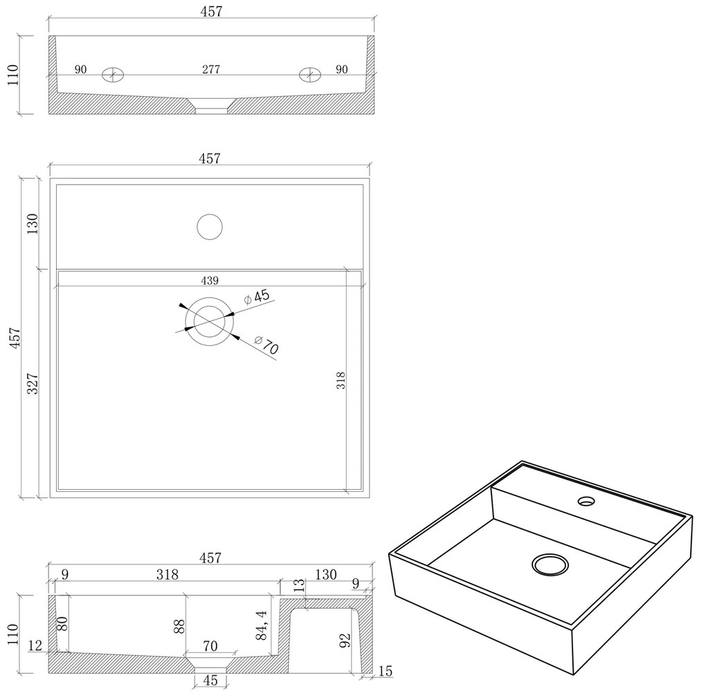 Sapho Sapho, QUADRADO betonové umyvadlo na desku včetně výpusti, 46x46cm, černý granit, AR468