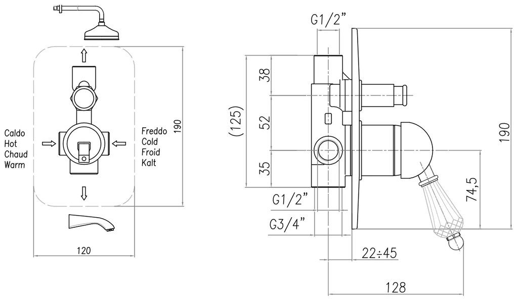 SAPHO KIRKÉ CRYSTAL podomítková sprchová retro baterie, 2 výstupy, páčka krystal, bronz KI42KB