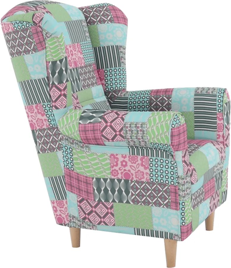 relaxační křeslo, ušák, dřevo/látka, nohy světlé/potah patchwork M1, Tempo Kondela CHARLOT