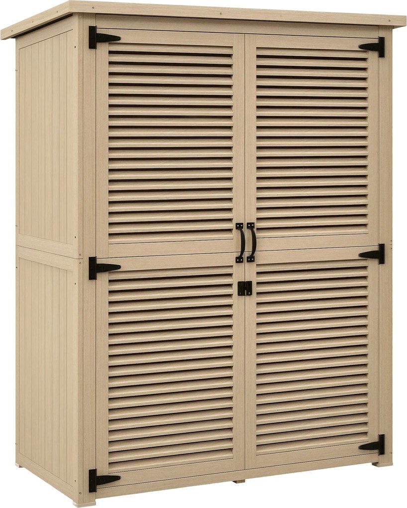 Outsunny Dřevěná Kůlna 0.83 m² 127x65x168 cm Exteriérový Dřevěný Kroužek se 2 Závěsnými Dveřmi, 2 Policemi, 2 Rukojeťmi a Voděodolnou Stříškou pro Zah