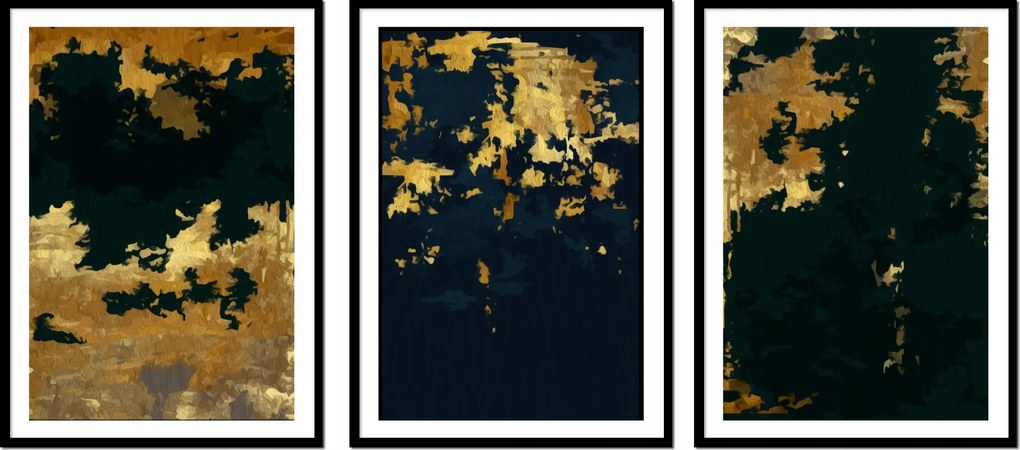 Triptyk Sada 3 Obrazů V Rámu zlatá černá Abstrakce 73x53 cm P2482