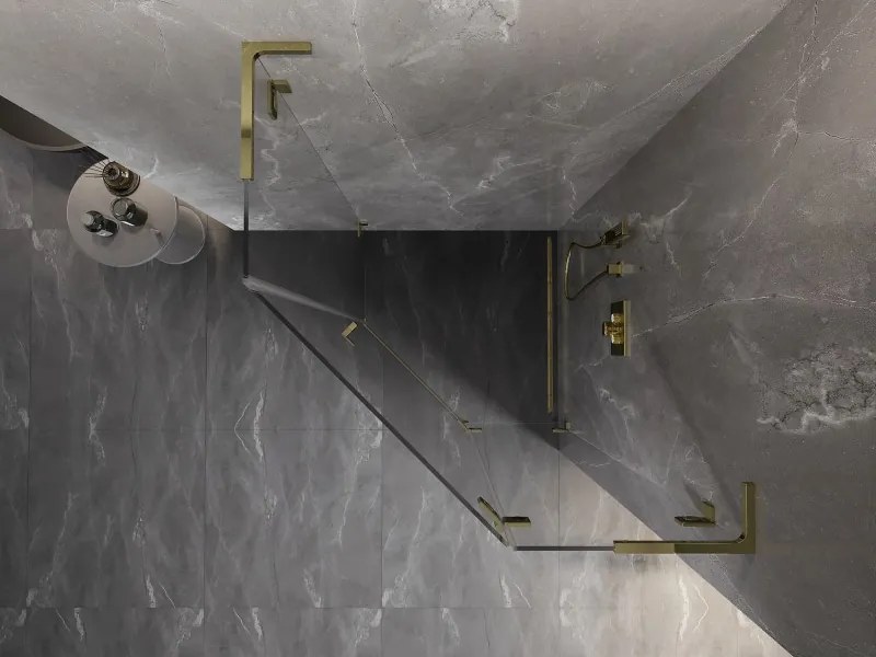 Mexen Lunar, L pravý výklopný pětiúhelníkový sprchový kout 90 x 90 cm, 8mm čiré sklo, zlatý profil, 831L-090P-090L-50-00-P