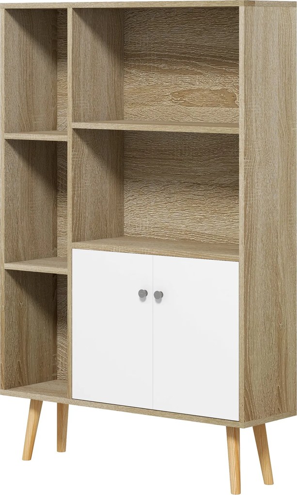 HOMCOM Knihovna v severském stylu z ořechového dřeva, rozměry 80L x 23,5W x 123H cm, 5 polic, skříňka s 2 dveřmi, zúžené nohy ze solidního borového d…