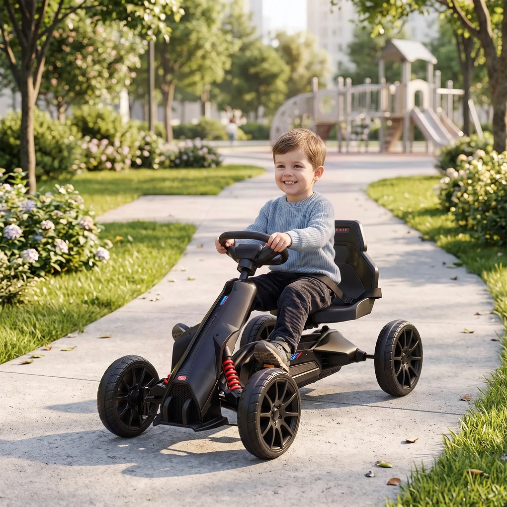 HOMCOM Dětský Go-Kart s Pedály a Ruční Brzdou, Nastavitelným Sedadlem, Přeřazovacím Mechanismem, Dětské Vozidlo s EVA Koly pro Děti ve Věku 3-8 Let