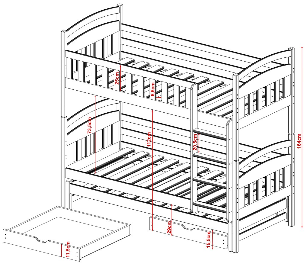 Dětská patrová postel z masivu borovice s přistýlkou a šuplíky BOHDANA - 200x90 cm - BÍLÁ