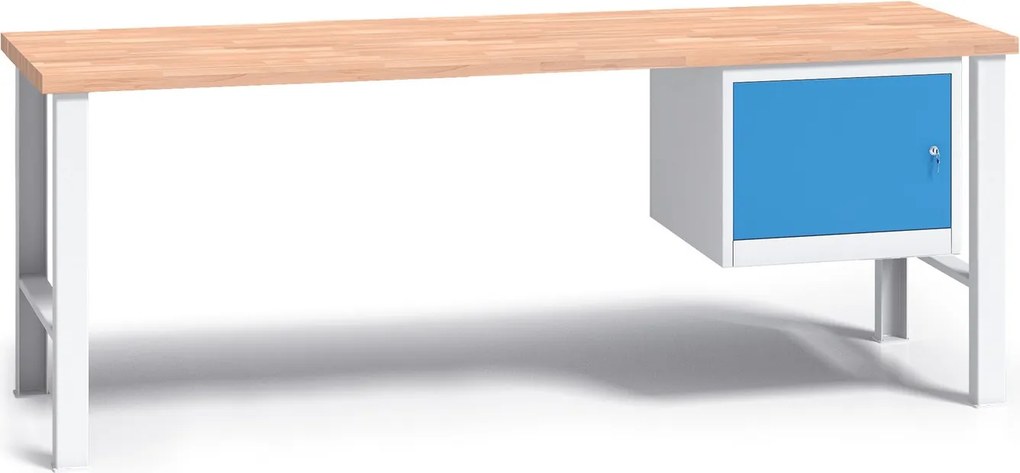Pracovní stůl do dílny G3 se závěsnou skříňkou na nářadí, buková spárovka, pevné kovové nohy, 2000 mm, modrá