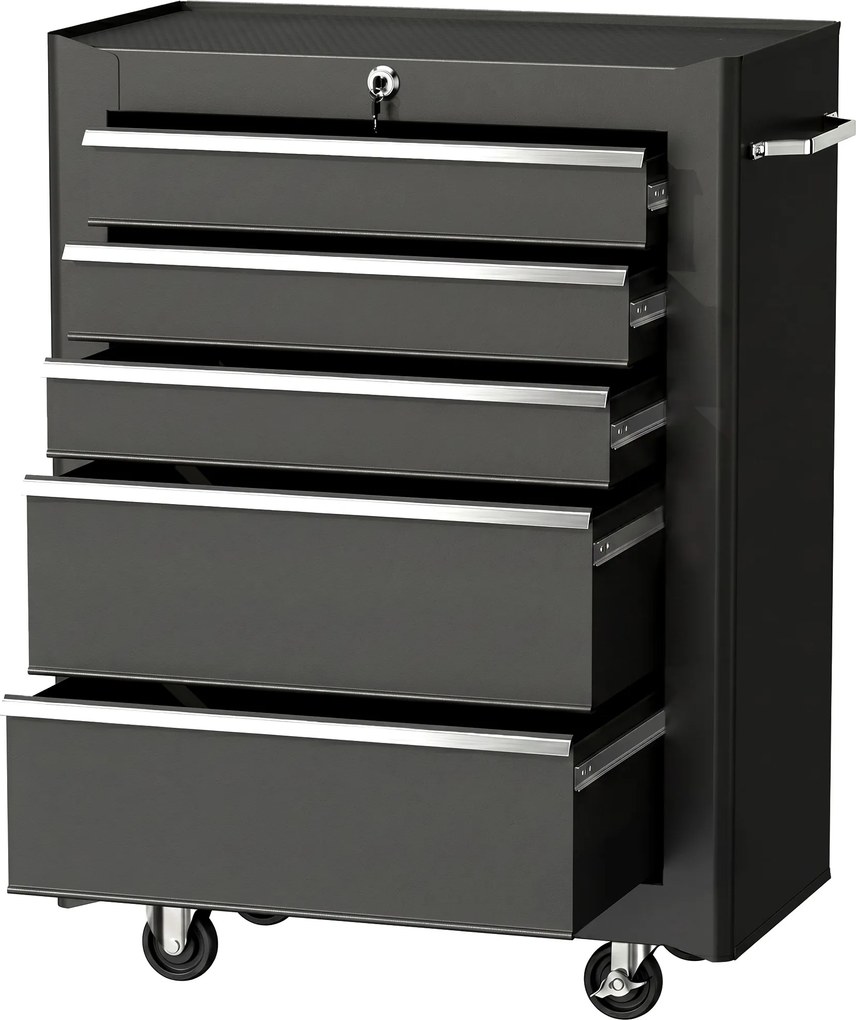HOMCOM Odborný vozík na nářadí, prázdný, uzamykatelný s 5 zásuvkami, 2 klíči, protiskluzovými rohožemi, černý