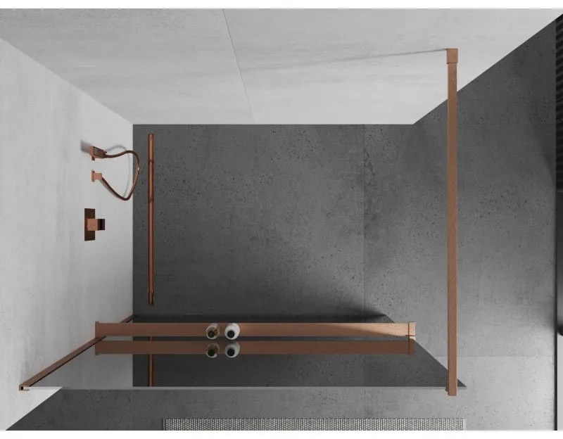 Mexen Kioto+, sprchová zástěna Walk-In s poličkou a věšákem 110 x 200 cm, 8mm sklo vzor zrcadlo, měděný matný profil, 800-110-121-65-50
