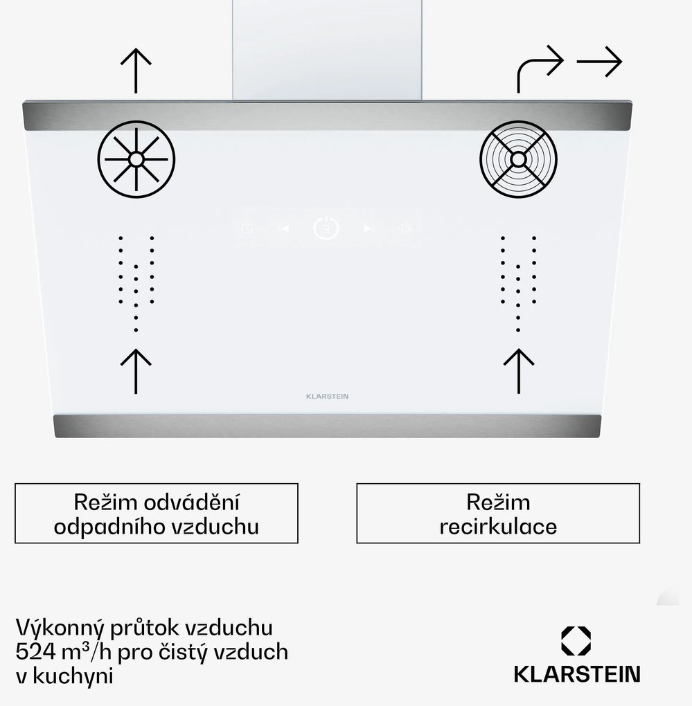 Klarstein FlashLine digestoř, A++, 578 m³/h, 3 úrovně, dotyková, tichá, LED, odsávání/recirkulace, 100 W