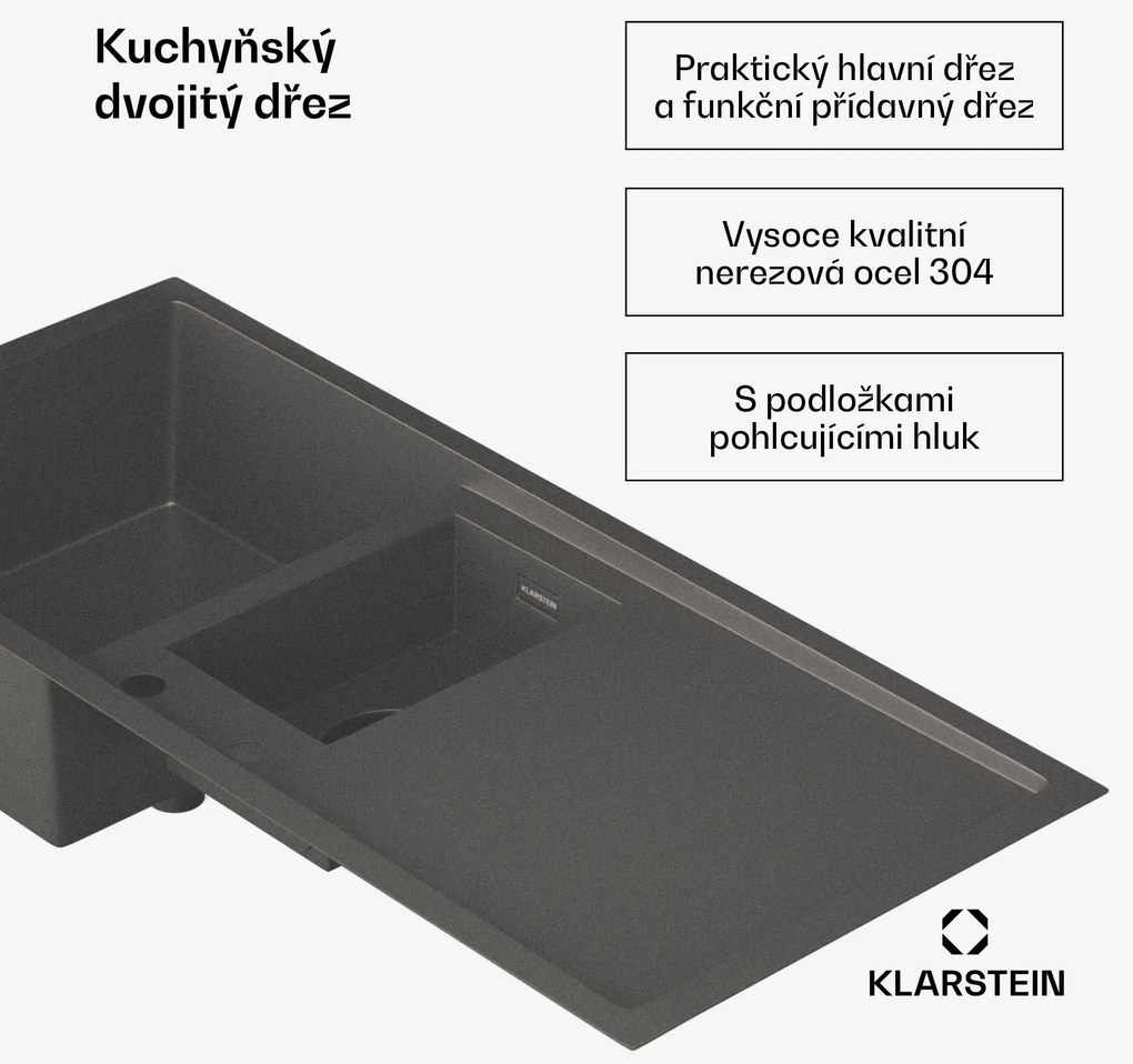 Klarstein TitanSteel kuchyňský dřez s odkapávačem, 100 x 45 cm, 2 dřezy, nerezová ocel, odolný vůči teplu