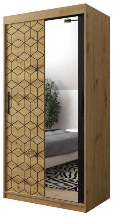 Šatní skříň s posuvnými dveřmi se zrcadlem Arituda II 100, Úložný prostor: ne, Barva: dub artisan / dub artisan + černá