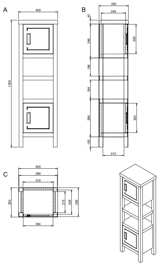 Koupelnová skříňka vysoká Naturel Country 40x130x30 cm, palisandr, COUNTRYV40LPPA