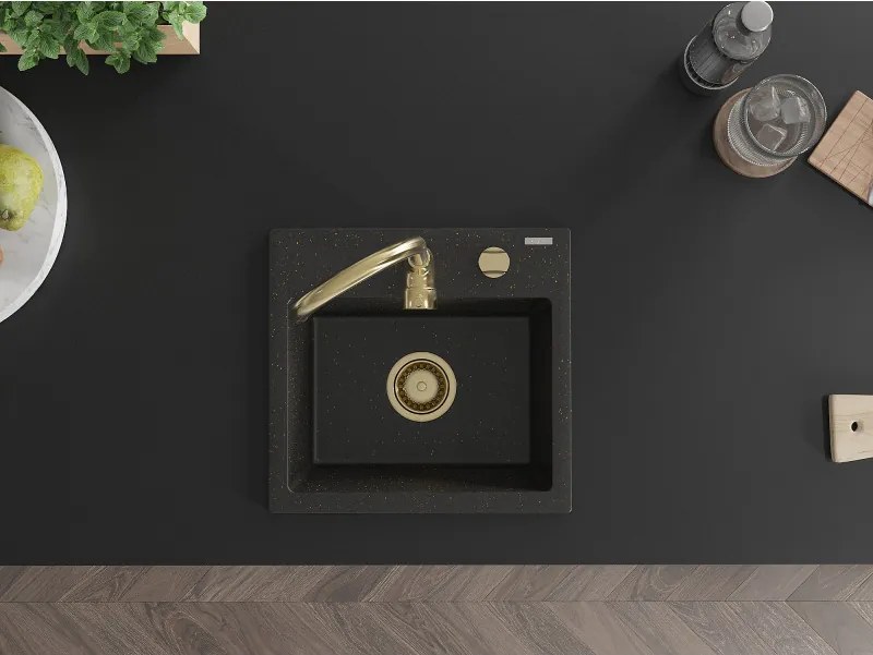 Mexen Milo, granitový dřez 435x410x171 mm, 1-komorový, černá-zlatá metalíza se zlatým sifonem, 6505441000-75-G