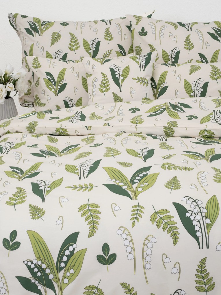 MK Lůžkoviny Prodloužené bavlněné povlečení Renforcé - Konvalinky přírodní 140 × 220 cm, 70 x 90 cm