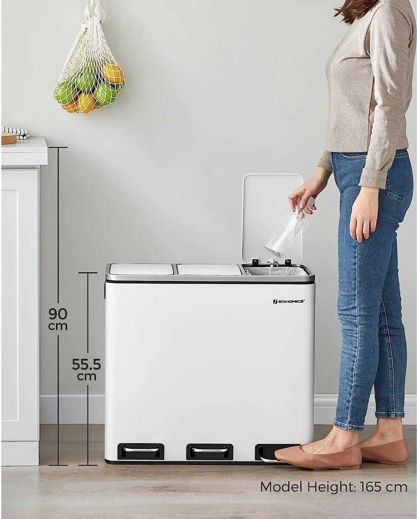 Kuchyňský pedálový odpadkový box, selektivní sběr odpadu, 3 x 18 l, bílý