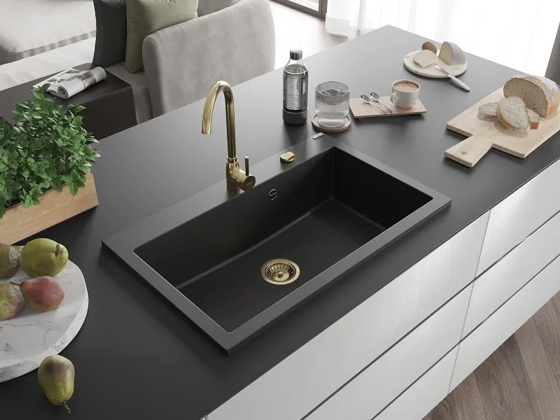 Mexen Elix granitový dřez 1-komorový 800 x 500 mm, černý, zlatý sifon - 6527801005-77-G