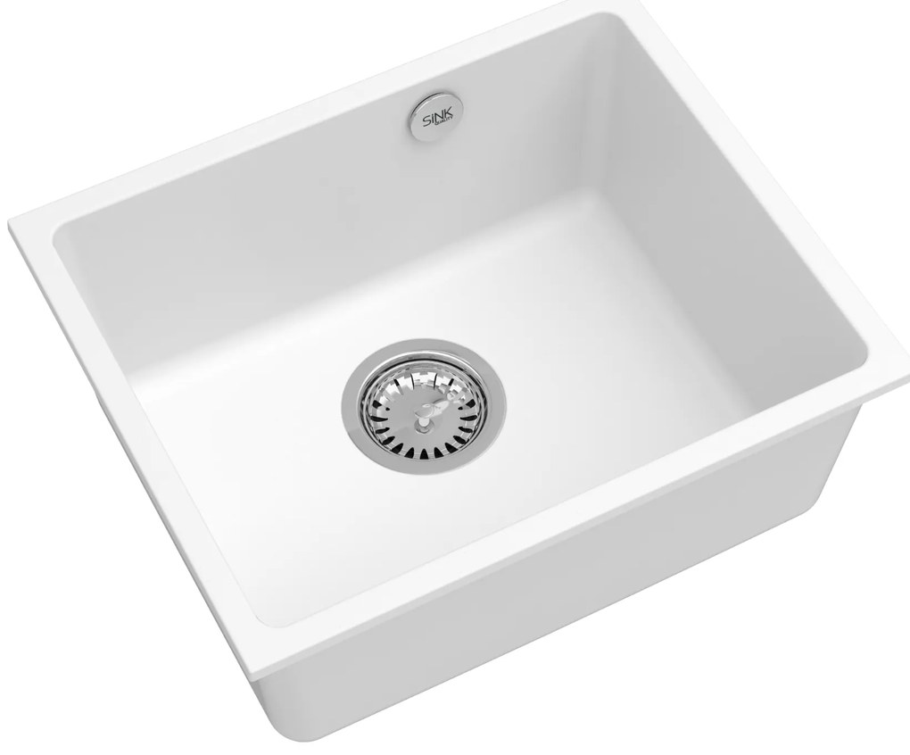 Sink Quality Crypton 55, kuchyňský granitový dřez 460x375x205 mm + chromový sifon, bílá, SKQ-CRY.W.1KBO.55.X