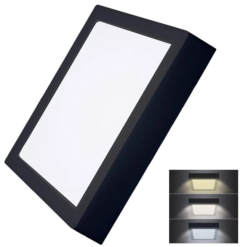 Solight led mini panel cct, přisazený, 24w, 1800lm, 3000k, 4000k, 6000k, čtvercový, černá barva