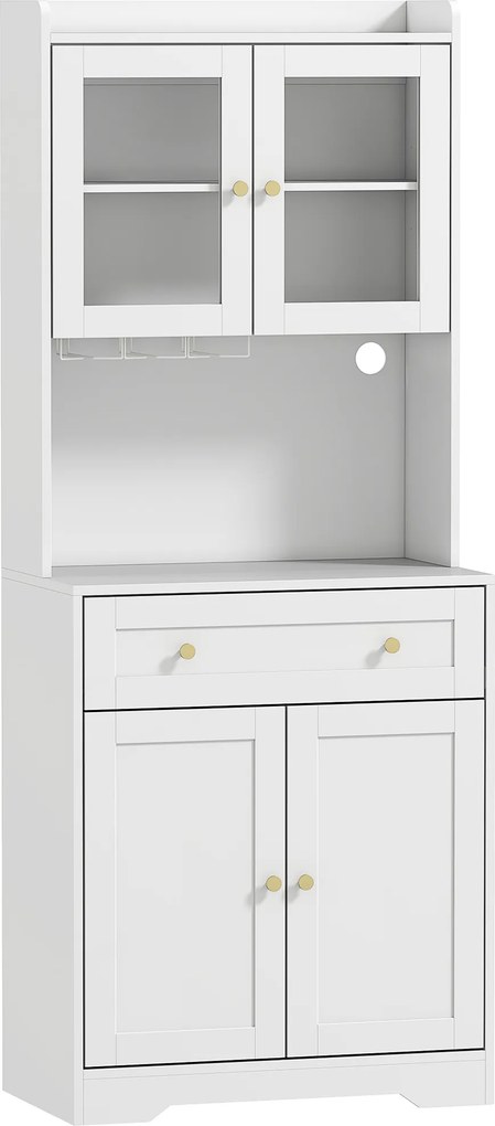 HOMCOM Kuchyňská skříň s pracovní deskou, držákem na vinné sklenice, skladovací skříň do kuchyně a jídelny, 170 cm, MDF, sklo, bílá
