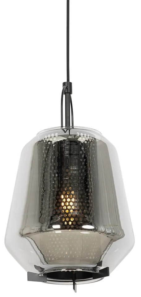 Art Deco závěsná lampa černá s kouřovým sklem 23 cm - Kevin