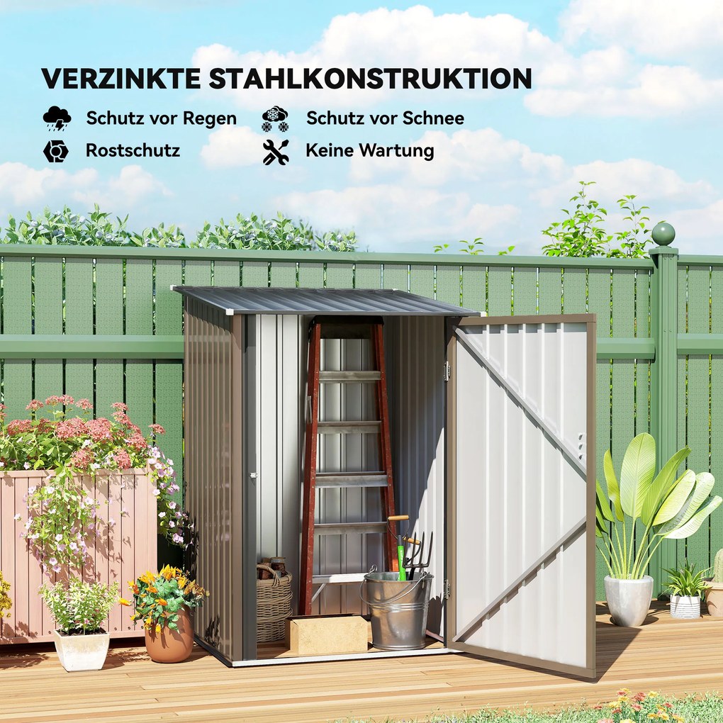Outsunny Kovový Kůlna na Nářadí 1,6m³ 100x103x160cm Zahradní Kůlna s Šikmou Střechou a Zámkem Voděodolný Úložný Kabinet pro Zahradu, Hnědá