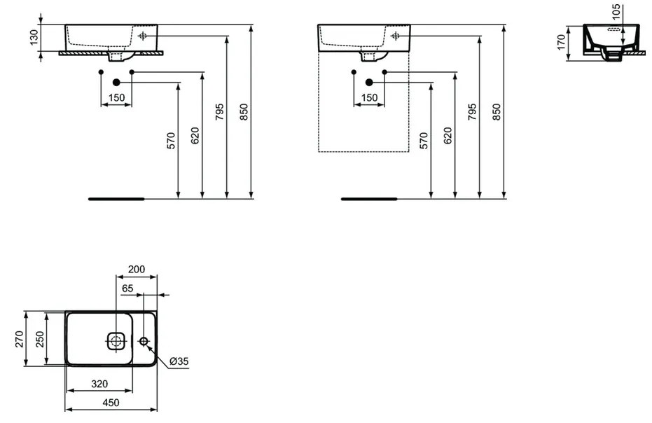 Ideal Standard Strada II - Umývátko 450 mm, s otvorem napravo, Bílá, T299401