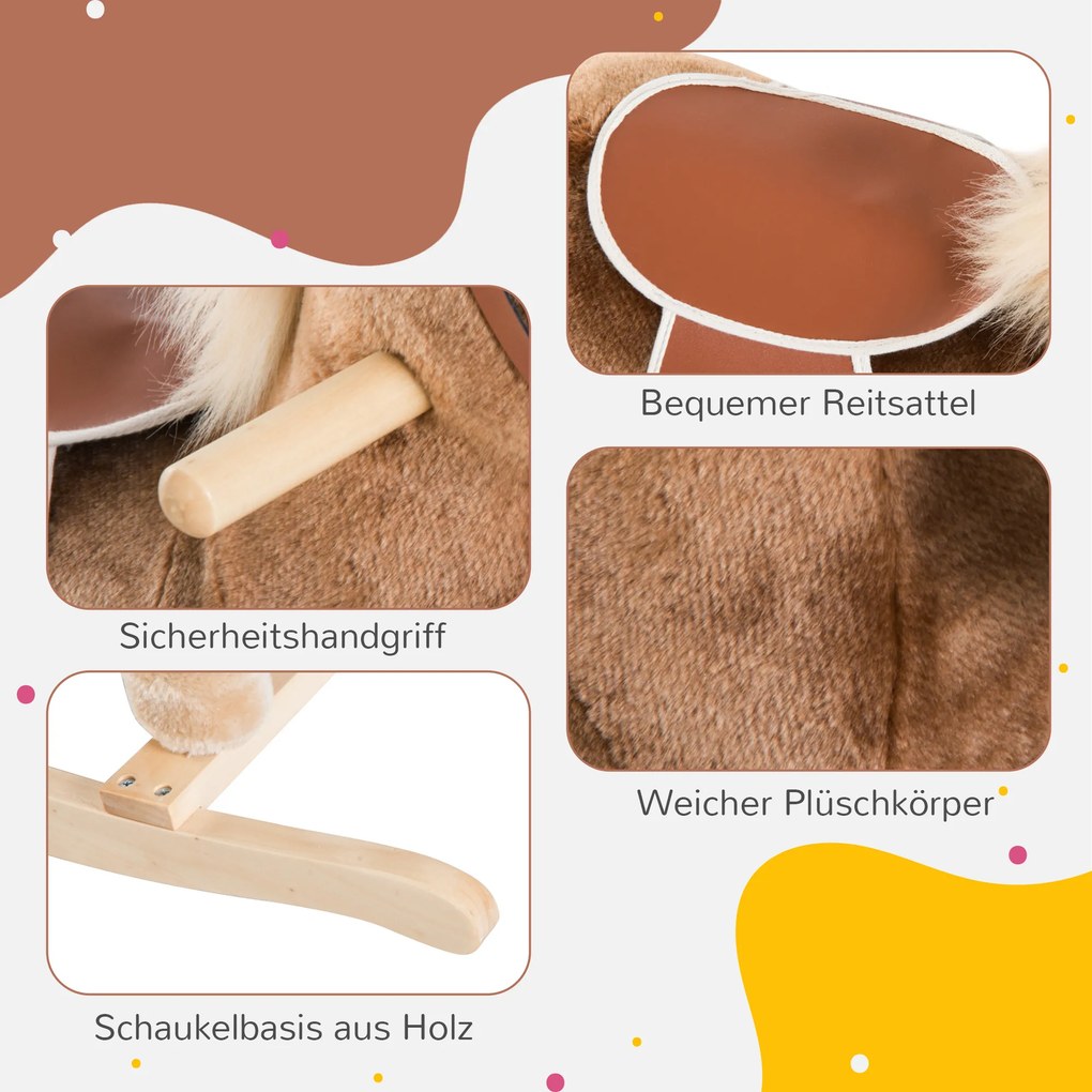 HOMCOM plyšový houpací kůň hnědý houpací zvířátko pro děti D74xŠ33xV62cm, bezpečná hračka do interiéru i exteriéru
