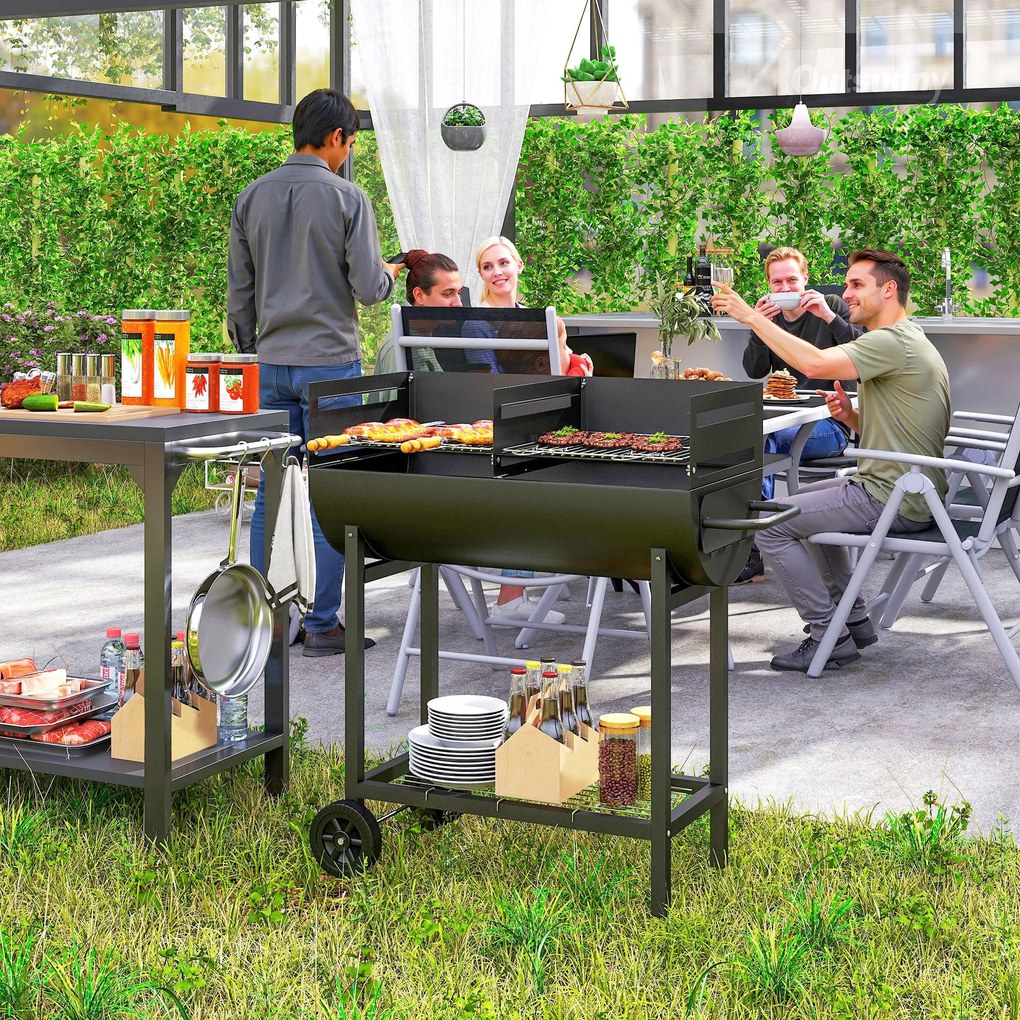 Outsunny Gril na dřevěné uhlí s nastavitelnou výškou pro venkovní přenosný gril s odkládací policí a koly 90x45x96 cm černý