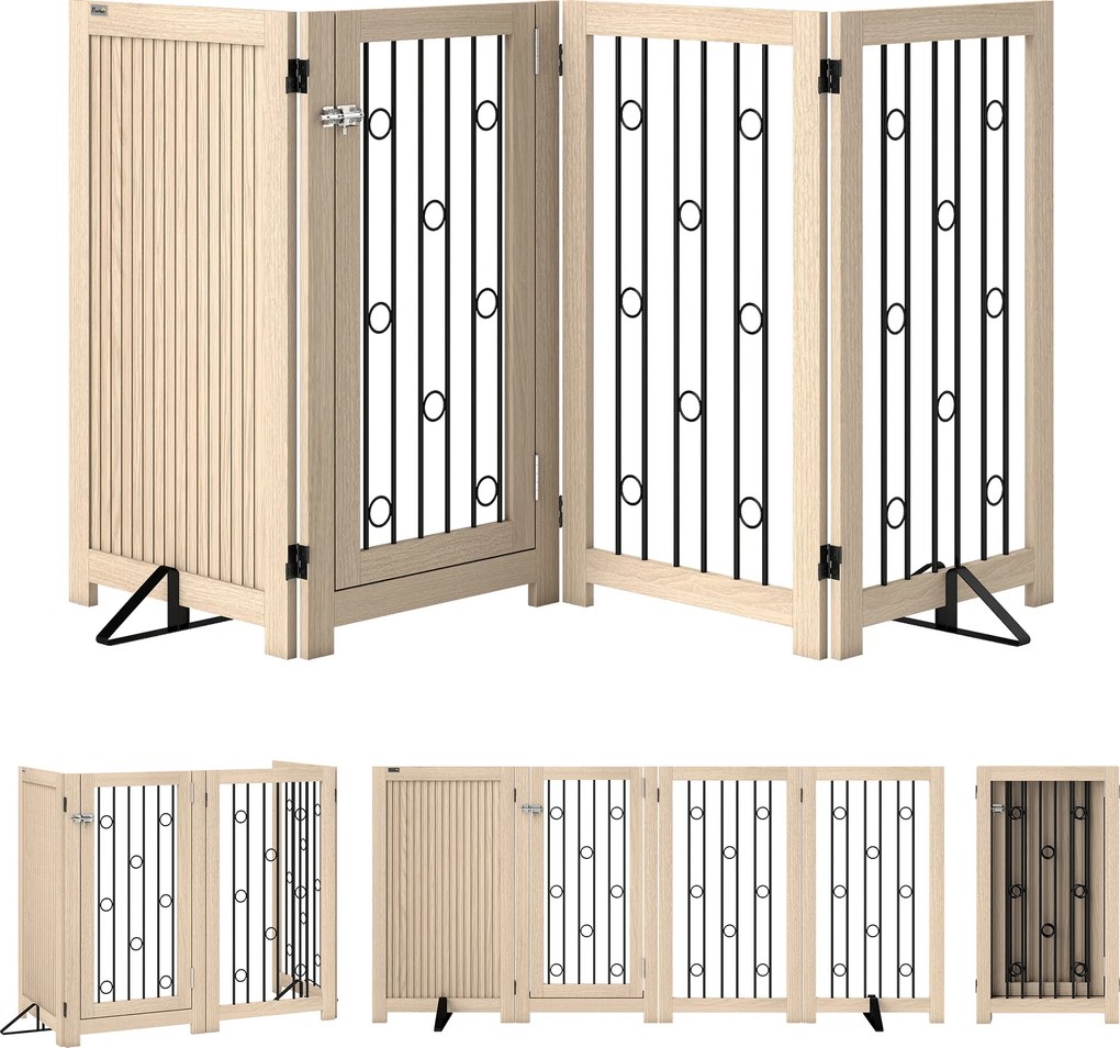 PawHut Volně stojící branka pro domácí mazlíčky, branka pro psy s dvířky, 4 panely, pro chodbu, schodiště, zárubeň, MDF, ocel D06-275V01AK