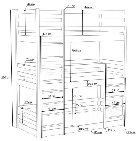 Dětská třípatrová postel z masivu borovice ARIZONA - 200x90 cm - PŘÍRODNÍ BOROVICE