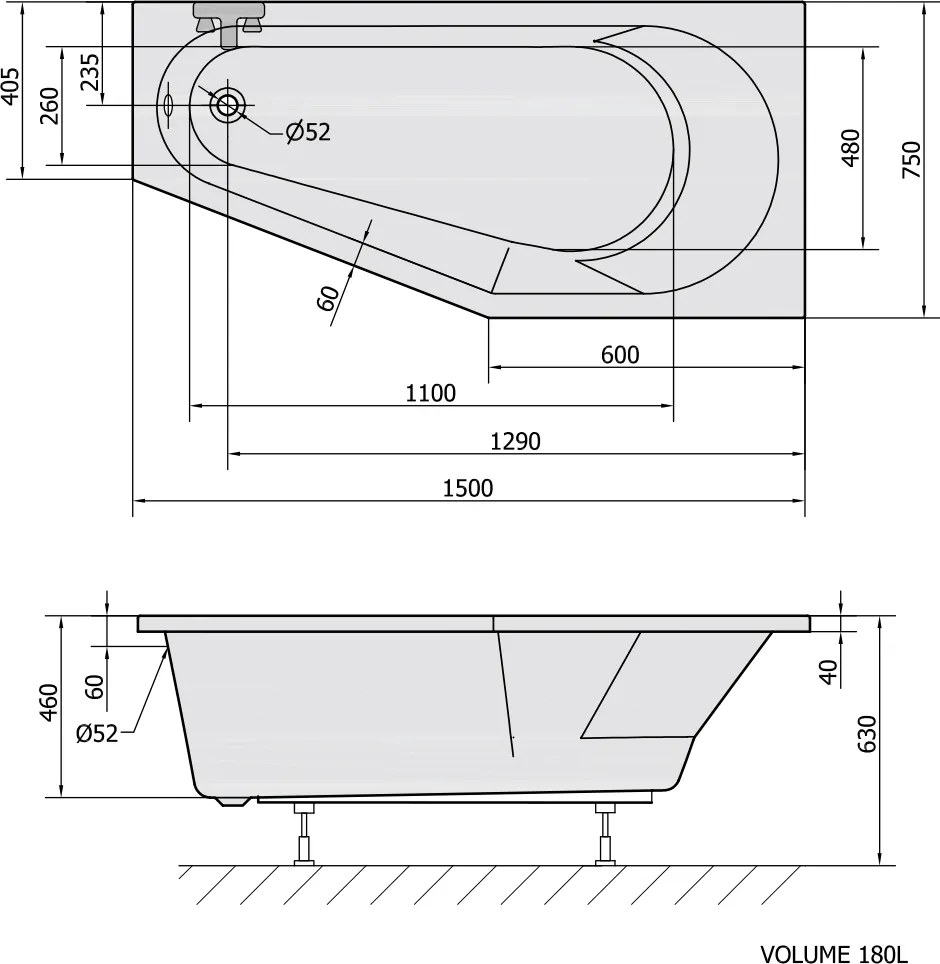 Polysan, TIGRA asymetrická vana 150x75x46cm, prava, bílá, 72933