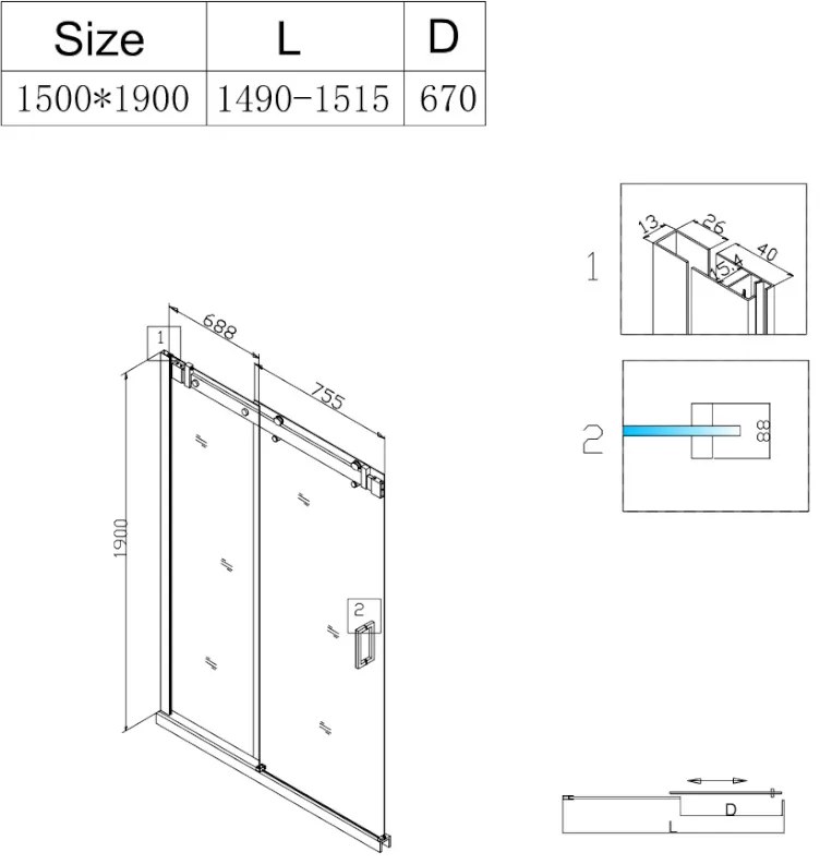 BPS-koupelny Posuvné sprchové dveře HYD-PD03G 150 černá/transparent pro instalaci do niky - bez vaničky
